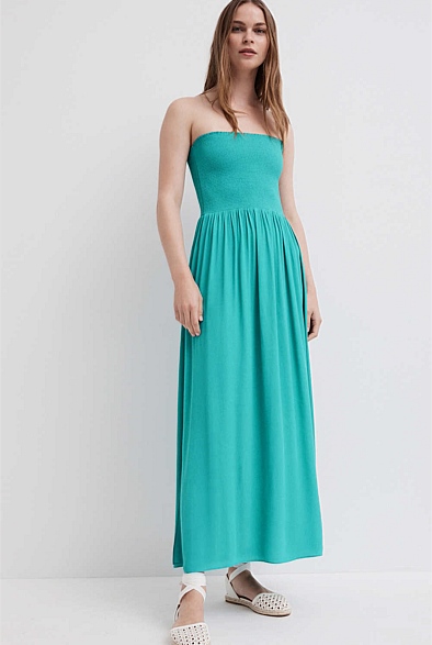 Turquoise Strapless Shirred Dress - Women's Natural Fibres | Witchery