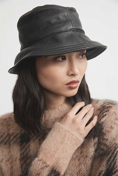 Black Ava Leather Bucket Hat - Women's Hats | Witchery