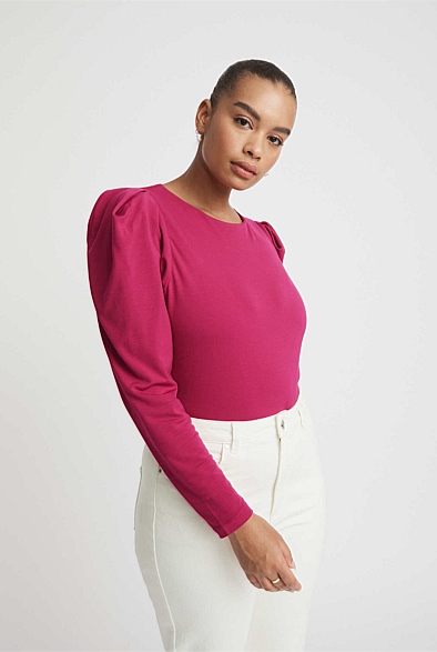 Raspberry Pink Viscose Puff Sleeve Top - Women's Long Sleeve Tops ...