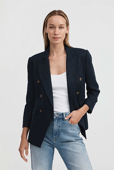 Regatta Blue Linen Double-Breasted Crop Sleeve Blazer - Women's Blazers ...