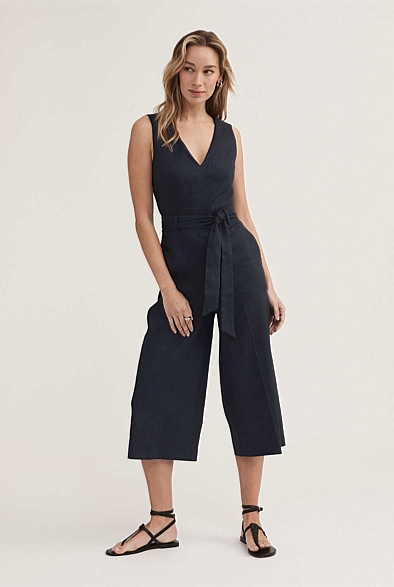 Blue Night Stretch Linen Blend Jumpsuit - Women's Natural Fibres | Witchery