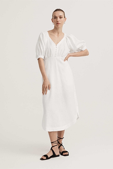 Chalk Linen Puff Sleeve Dress - Women's A Line Dresses | Witchery