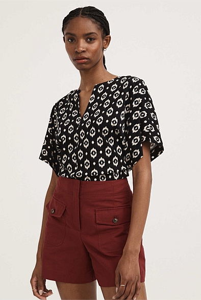 Pitch Black Cotton Ikat Print Top Womens Short Sleeve Tops Witchery