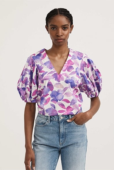 Brilliant Violet Abstract Violet Blouse - Women's Puff Sleeve Shirts ...