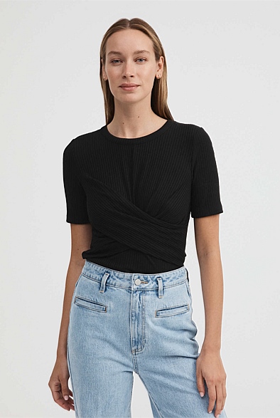Black Rib Cross Front Top Womens Short Sleeve Tops Witchery
