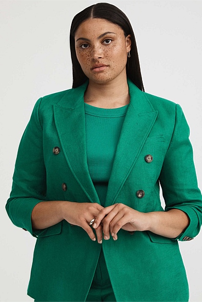 Aqua Green Linen Double-Breasted Crop Sleeve Blazer - Women's Blazers | Witchery
