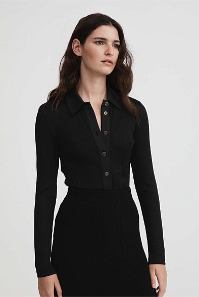 Black Rib Button Through Top - Women's Long Sleeve Tops | Witchery