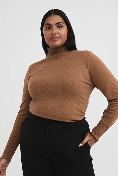 Camel Wool Blend High Neck Knit - Women's High Neck Tops | Witchery