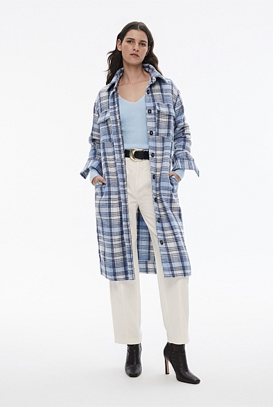 Duck Egg Blue Wool Blend Check Longline Shacket - Women's Jackets ...