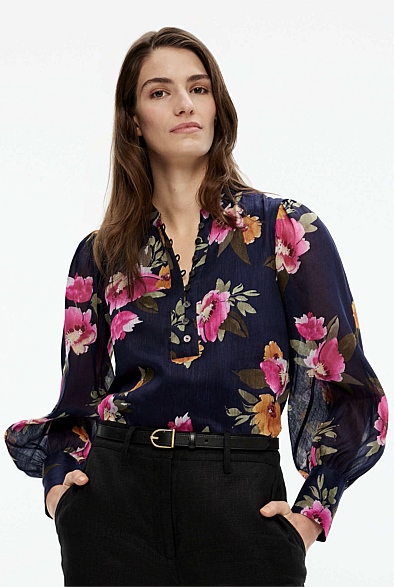 Midnight Blue Watercolour Half Placket Blouse - Women's Evening Shirts ...