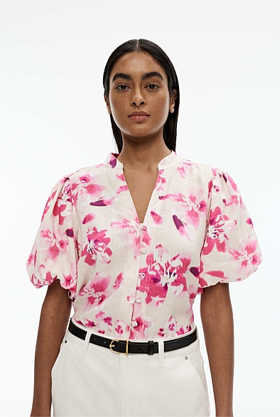 Buff Ikat Bloom Print Blouse - Women's Puff Sleeve Shirts | Witchery