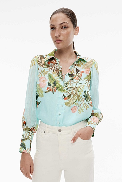 Evergreen Silk Linen Placed Print Blouse - Women's Evening Shirts ...