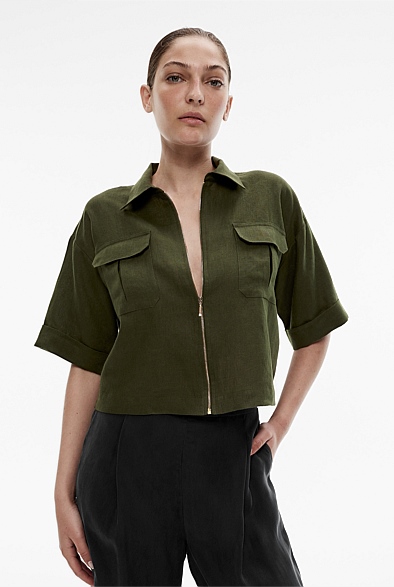 Ivy French Linen Zip Through Crop - Women's Linen Shirts | Witchery