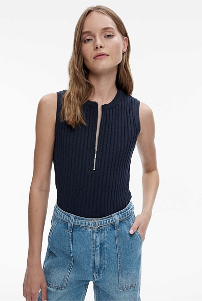 Navy Marle Cotton Rib Zip Tank - Women's Sleeveless Tops | Witchery