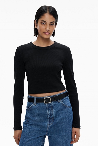 Black Crop Crew Rib Top Womens Long Sleeve Tops Witchery