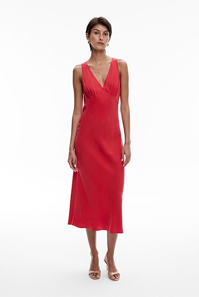 Flame Red Bias V Neck Dress - Women's Red Dresses | Witchery