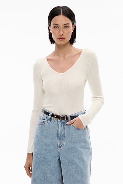 Chalk Wide V Neck Knit - Women's Long Sleeve Tops | Witchery