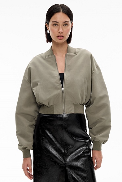 Khaki Cropped Bomber Jacket - Women's Jackets | Witchery