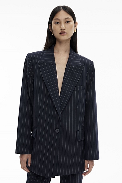 Navy Pinstripe Stitch Detail Blazer - Women's Blazers | Witchery