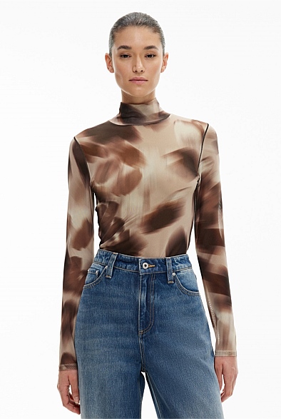 Hazelnut Print Mesh High Neck Top - Women's High Neck Tops | Witchery