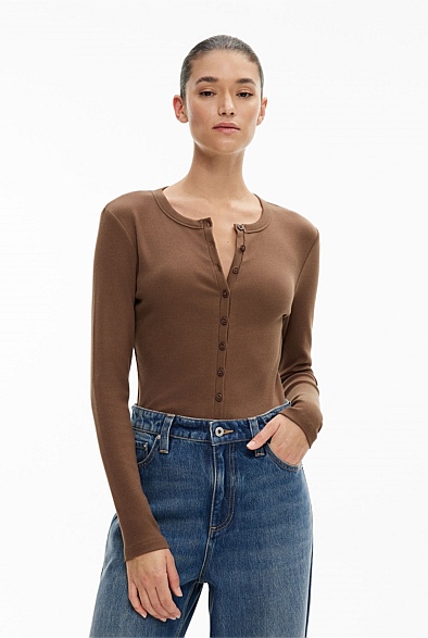 Hazelnut Button Front Top - Women's Long Sleeve Tops | Witchery