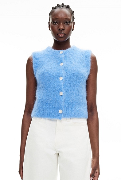 Fresh Blue Fluffy Crew Knit Vest - Women's Vests & Waistcoats | Witchery