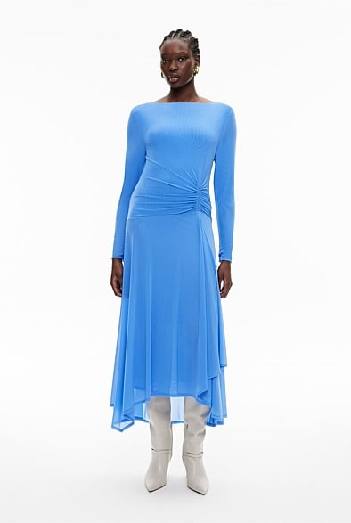 Fresh Blue Asymmetrical Hem Mesh Dress - Women's Long Sleeve Dresses ...