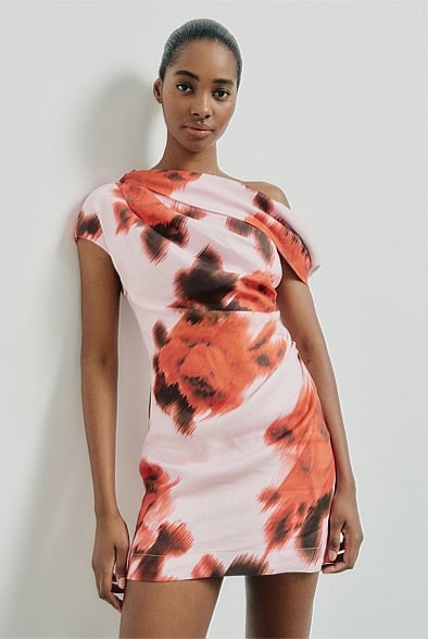 Flame Floral Draped Shoulder Dress - Women's Evening & Cocktail Dresses ...