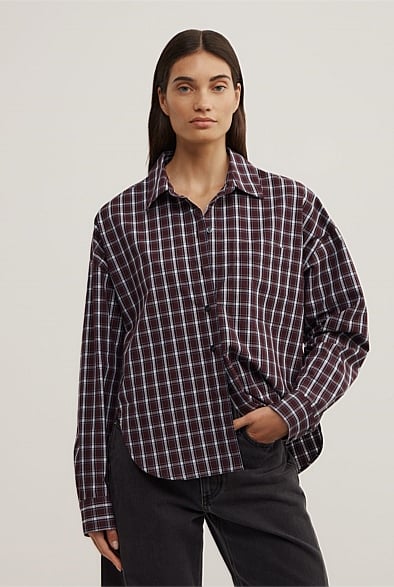 Plum Check Curved Hem Shirt - Women's Workwear Tops | Witchery