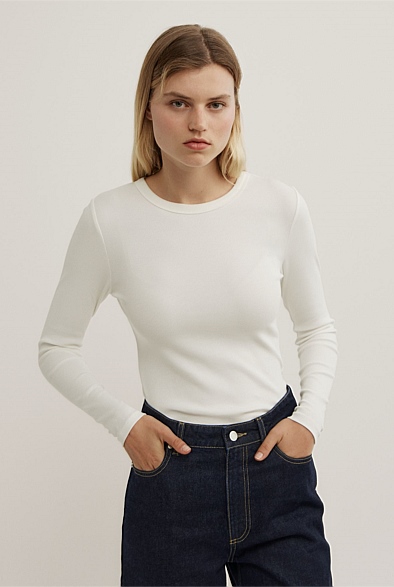 Fresh White Crew Rib Long Sleeve Top - Women's Long Sleeve Tops | Witchery