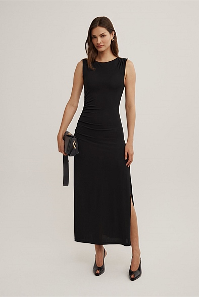 Black Shoulder Gather Dress - Women's Red Dresses | Witchery