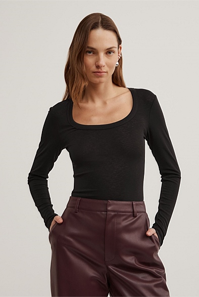 Black Scoop Neck Long Sleeve Top - Women's Evening Tops | Witchery