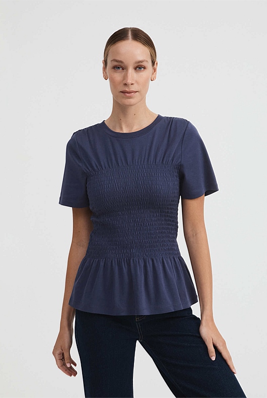 Ink Blue Cotton Shirred Bodice Tee Womens Short Sleeve Tops Witchery
