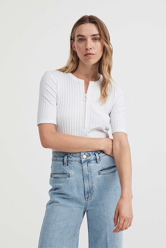 Pure White Cotton Rib Zip Front Top - Women's Short Sleeve Tops | Witchery