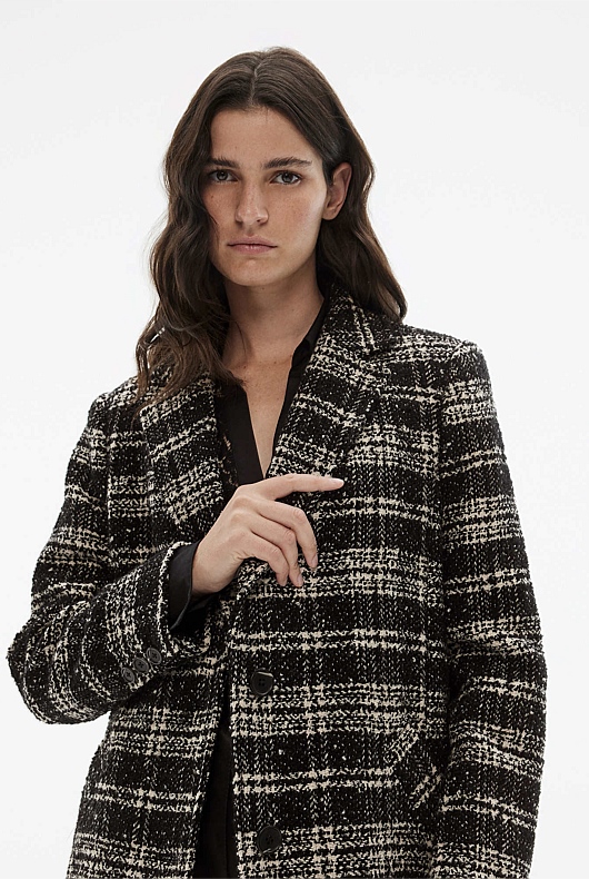 Black Wool Blend Yarn Dye Check Coat - Women's Wool Coats | Witchery