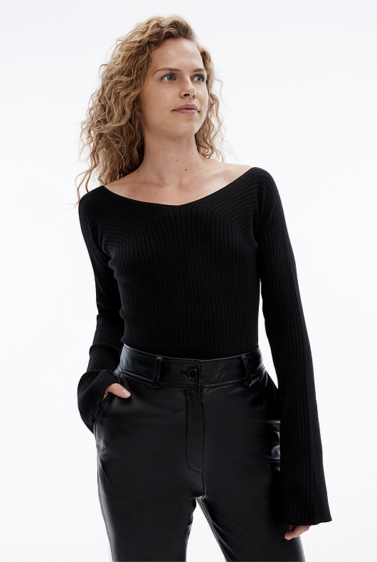 Black Rib Wide V Neck Knit - Women's Evening Tops | Witchery
