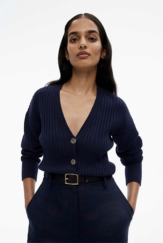 Blue Night Rib Drop Shoulder Cardigan - Women's Cardigans | Witchery