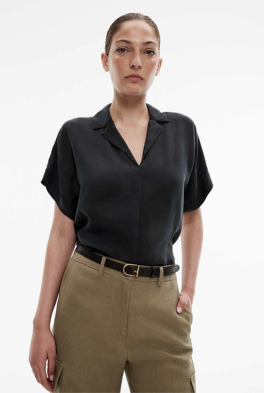 Black Cupro Pop Over Blouse - Women's Oversized Shirts | Witchery