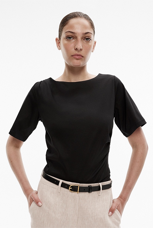 Black Cotton Blend Drape Detail Tee - Women's Short Sleeve Tops | Witchery