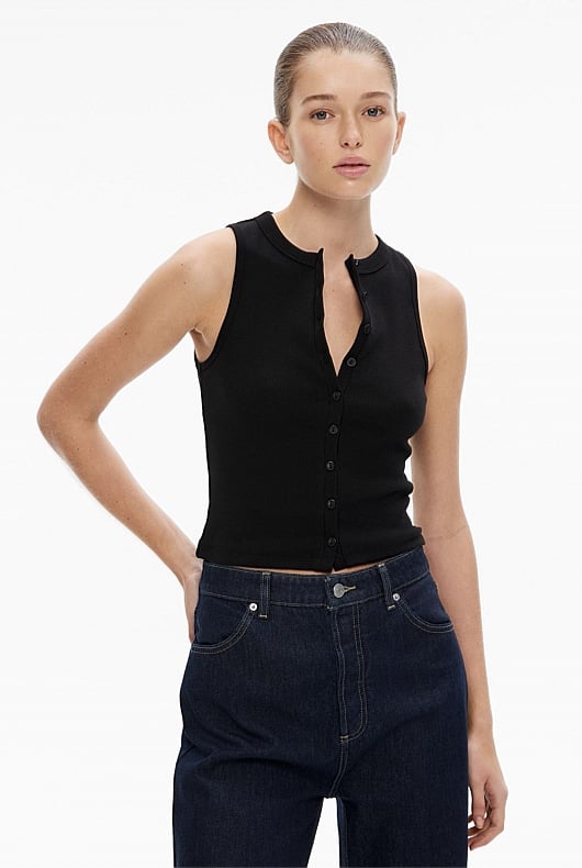 Black Button Thru Tank - Women's Sleeveless Tops | Witchery