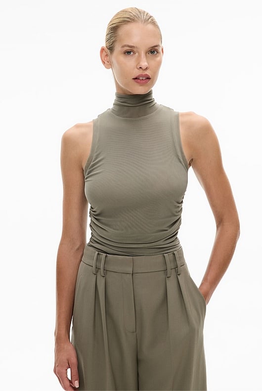 Khaki Mesh High Neck Tank - Women's Sleeveless Tops | Witchery