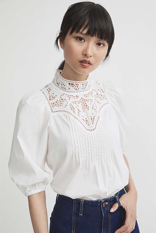 Chalk Lace Cutwork Blouse - Women's Short Sleeve Shirts | Witchery