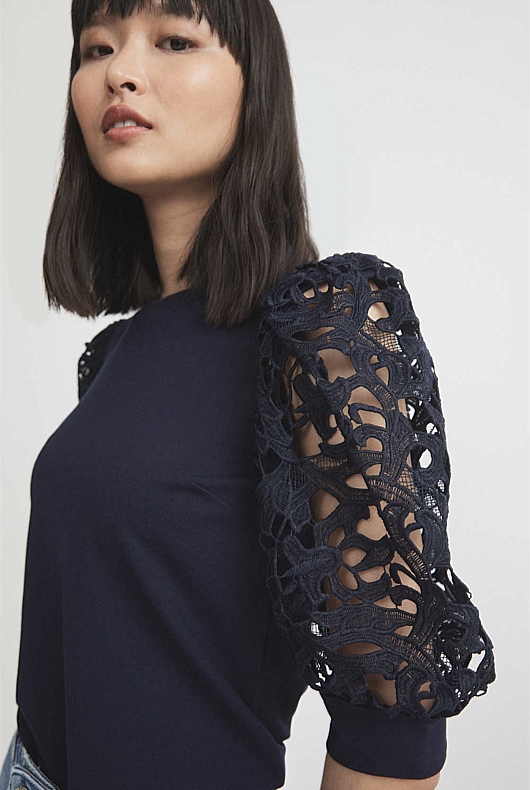 Navy Lace Sleeve Detail Top - Women's Short Sleeve Tops | Witchery