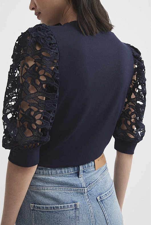 Navy Lace Sleeve Detail Top - Women's Short Sleeve Tops | Witchery