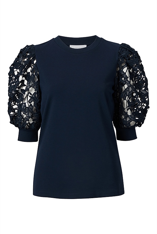 Navy Lace Sleeve Detail Top - Women's Short Sleeve Tops | Witchery