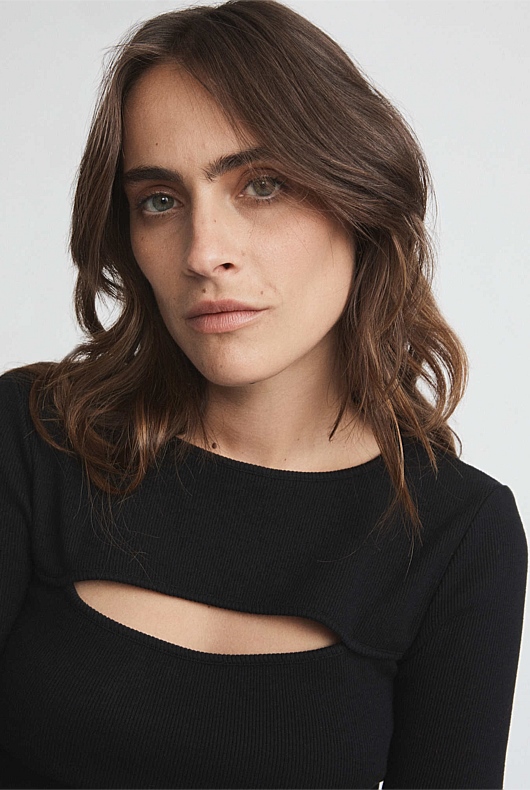 Black Cotton Rib Split Top - Women's Long Sleeve Tops | Witchery