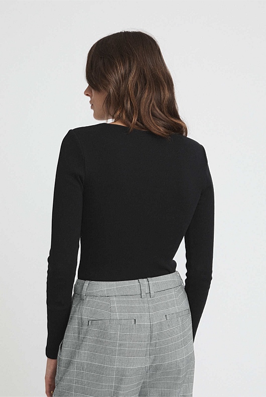 Black Cotton Rib Split Top - Women's Long Sleeve Tops | Witchery