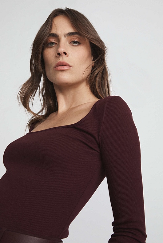 Burgundy Cotton Rib Wide Neck Top - Women's Long Sleeve Tops | Witchery