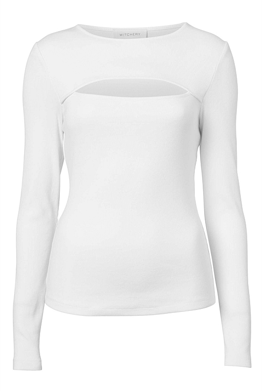 Pure White Cotton Rib Split Top - Women's Long Sleeve Tops | Witchery