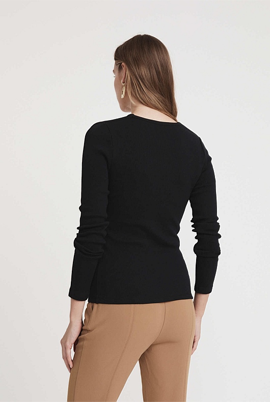 Black Cotton Halter Long Sleeve Top Womens Long Sleeve Tops Witchery